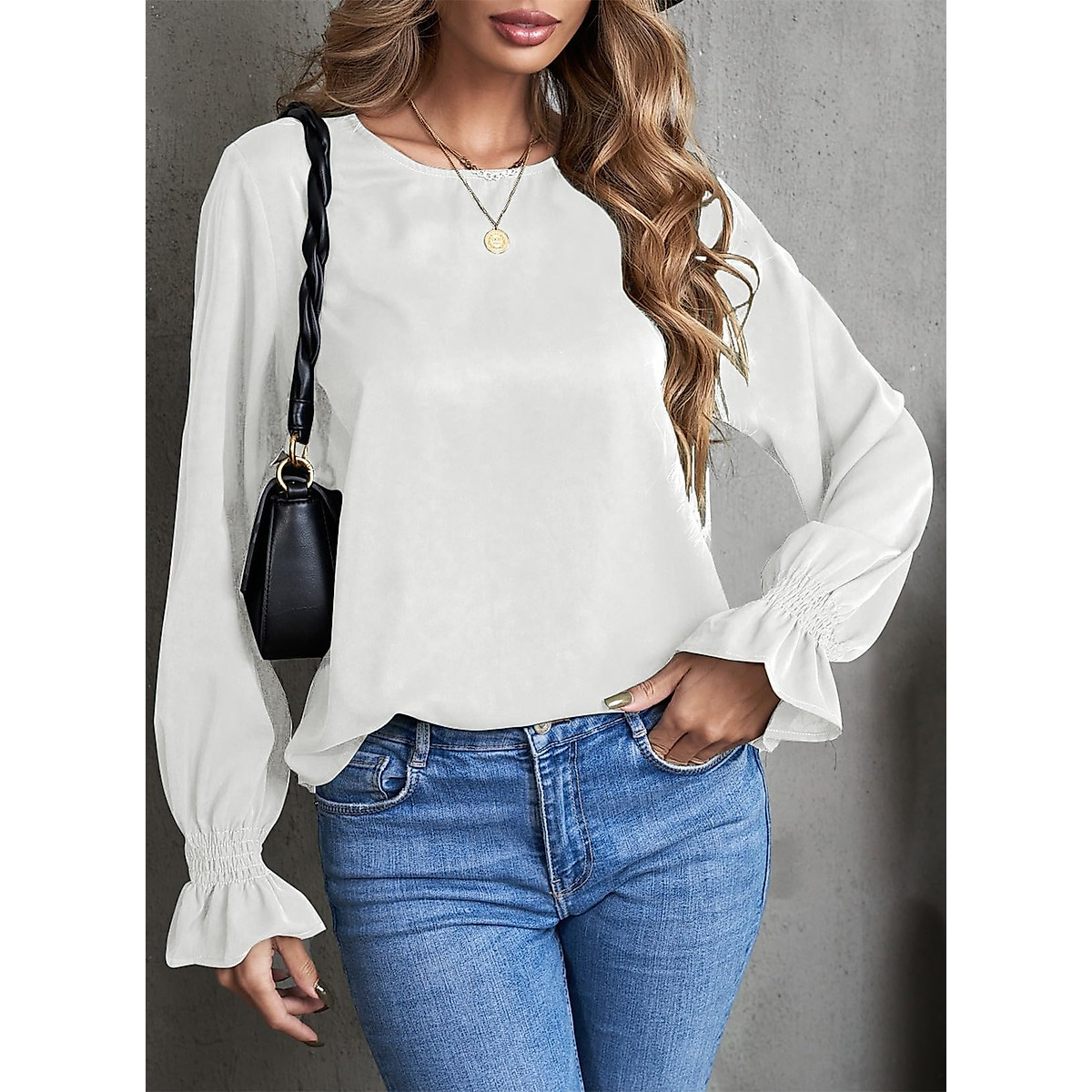 Dokotoo Womens Ladies Autumn Tops Bell Long Sleeve Tunic Top Round Neck Chiffon Ruffle Tops and Blouses for Women Fashion Casual Loose Shirts White X-Large