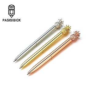 PASISIBICK Pineapple Pens,Bling Stainless Steel Retractable Metal Ballpoint Pens for Office Supplies, Black Ink(3 PCS)