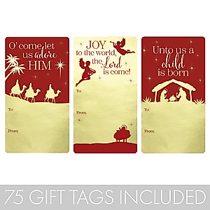 Red and Gold Christmas Gift Tags, Self-Adhesive Stickers – 75 Labels, Peel and Stick Christmas Gift Tags, Metallic Gold Gift Wrap Tags