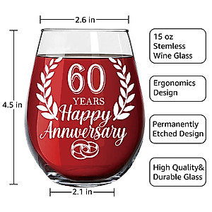 DYJYBMY Happy 60th Anniversary Funny Wine Glass 60th Anniversary Birthday Gifts Ideas for Women Mom Dad Husband Wife 60th Birthday Party Wedding Anniversary Party Favorite Couples Gift