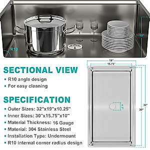 Tysun 32 Inch Undermount Kitchen Sink - 16 Gauge Drop In Kitchen Sink - Stainless Steel Single Bowl Kitchen Sink - Workstation Sink with Accessories