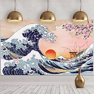 Great Wave Wall Hanging Ocean Wave Photo Banner Japanese Kanagawa Backdrop Sunset Cherry Blossom Art Nature Background for Japanese Party Wall Home Decorations, 72.8 x 43.3 Inch