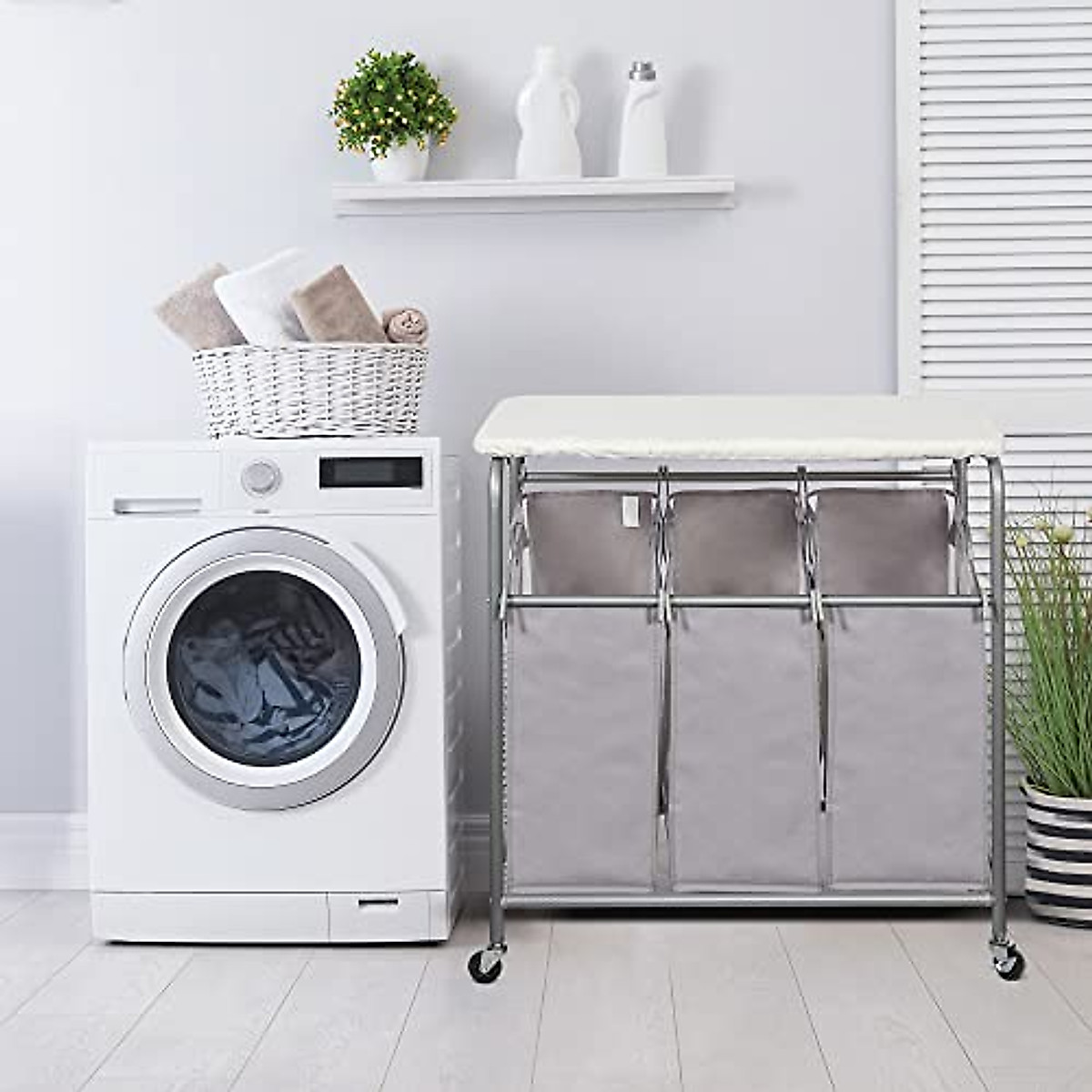 STORAGE MANIAC 3-Section Laundry Sorter with Foldable Ironing Board, Heavy-Duty Rolling Laundry Cart with and Removable Bags, Triple Laundry Hamper with Wheels, Laundry Sorter with Top Shelf, Grey