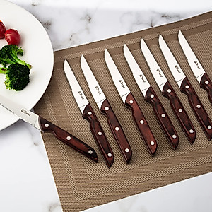 Fashionwu Serrated Steak Knife Set of 8, Stainless Steel Serrated Steak knives with Wood Handle, Sharp Knife for Cutting Meat, Fine Edge Steak Knife Set, Rust Resistant
