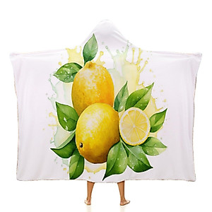 Watercolor Lemon Fruit Hooded Blanket Summer Fresh Fruit Big Hug Fleece Hooded Blanket for Adult And Kids Women Men Hooded Blanket for Couch Travel 40"x50" Soft Wearable Blanket Hooded Throw