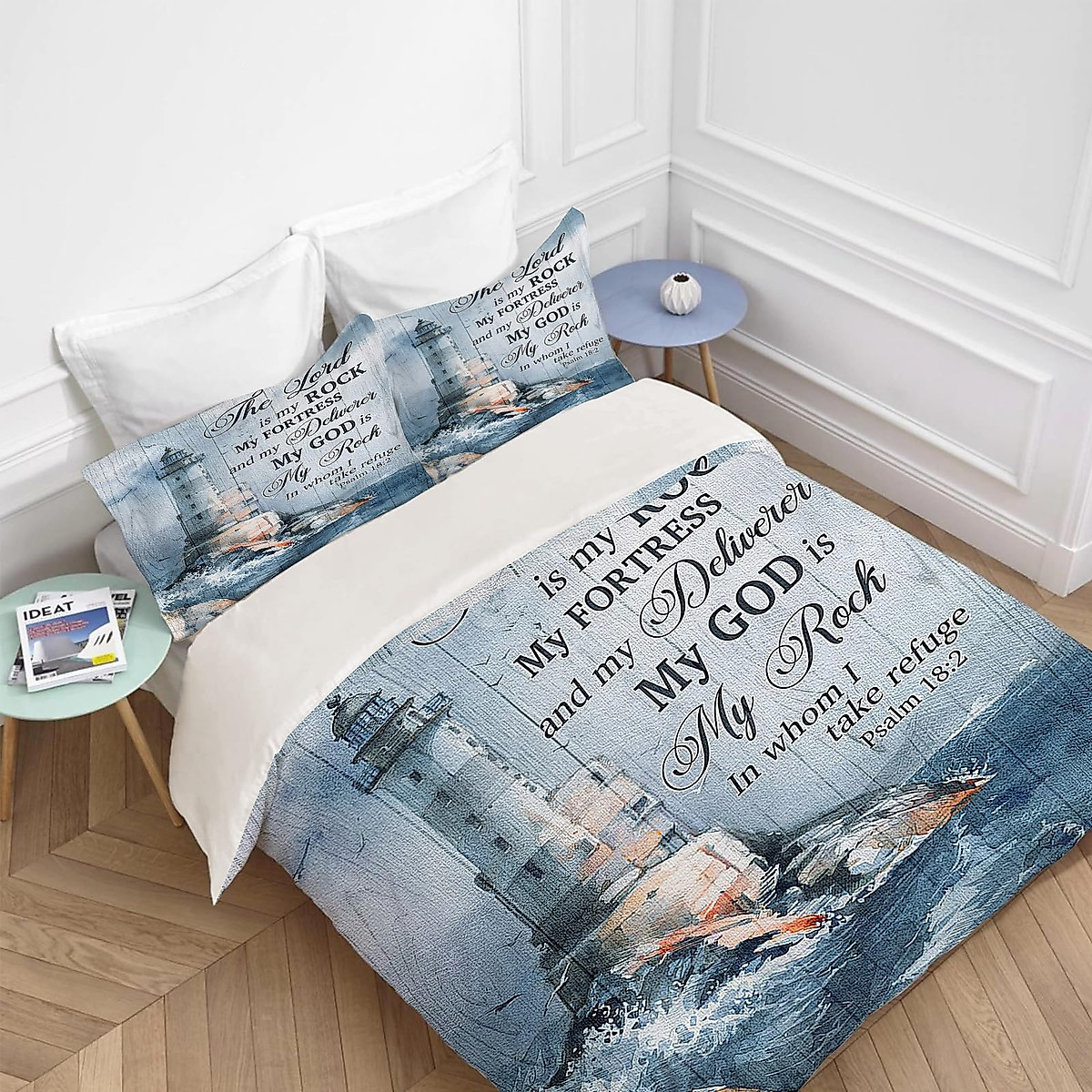 Christian Bedding Set Nautical Lighthouse Duvet Cover Twin Full Queen King Size Comforter Cover for Kids Adults Men Women Ocean Theme Quilt Cover Decorative Soft Bedding Set with 2 Pillowcases