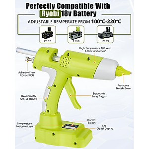 Taingwei Cordless Hot Glue Gun Kit for Ryobi 18v Battery,100W LED Digital Hot Melt Glue Gun with 10pcs 0.43'' Hot Glue Sticks for Home Repair, Arts & Crafts (Battery not included)