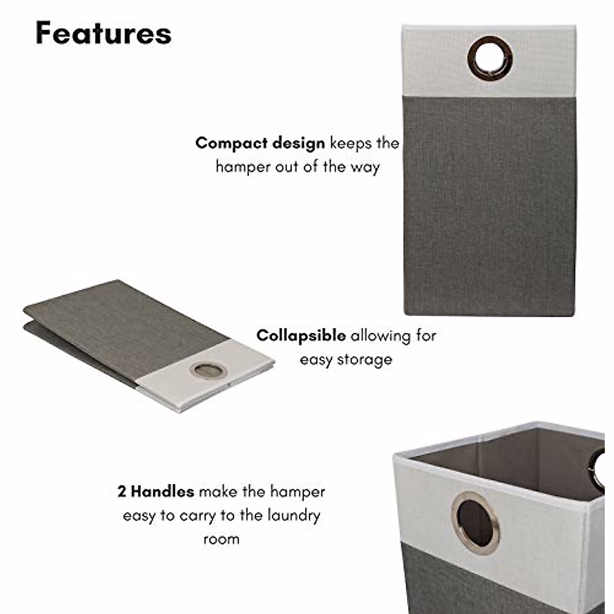 BIRDROCK HOME Folding Cloth Laundry Hamper with Handles - Dirty Clothes Sorter Basket - Easy Storage - Collapsible - Home Organization - Grey and White