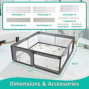 DUDUGWA Baby Playpen, Baby Playard, Large Playpen for Babies and Toddlers with Soft Visiable Mesh, Indoor & Outdoor Kids Activity Play Center with Anti-Slip Suckers and Zipper Gate, Grey, 78.7×71×26in