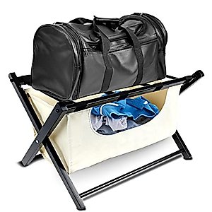 ECOMEX Luggage Rack, Luggage Rack with Removable Fabric Basket, Wooden Folding Luggage Rack with Laundry Bag, Nylon Straps, Space Saving Suitcase Holder for Bedroom,Guest Room,Hotel, Black