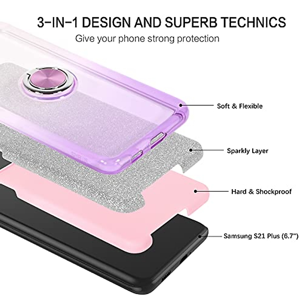 BENTOBEN Samsung Galaxy S21 Plus Case 6.7", Sparkly Glitter Slim Phone Case with 360° Ring Holder Kickstand Car Mount Supported Dual Layer Protective Cover for Samsung Galaxy S21+ Plus 5G 2021, Purple