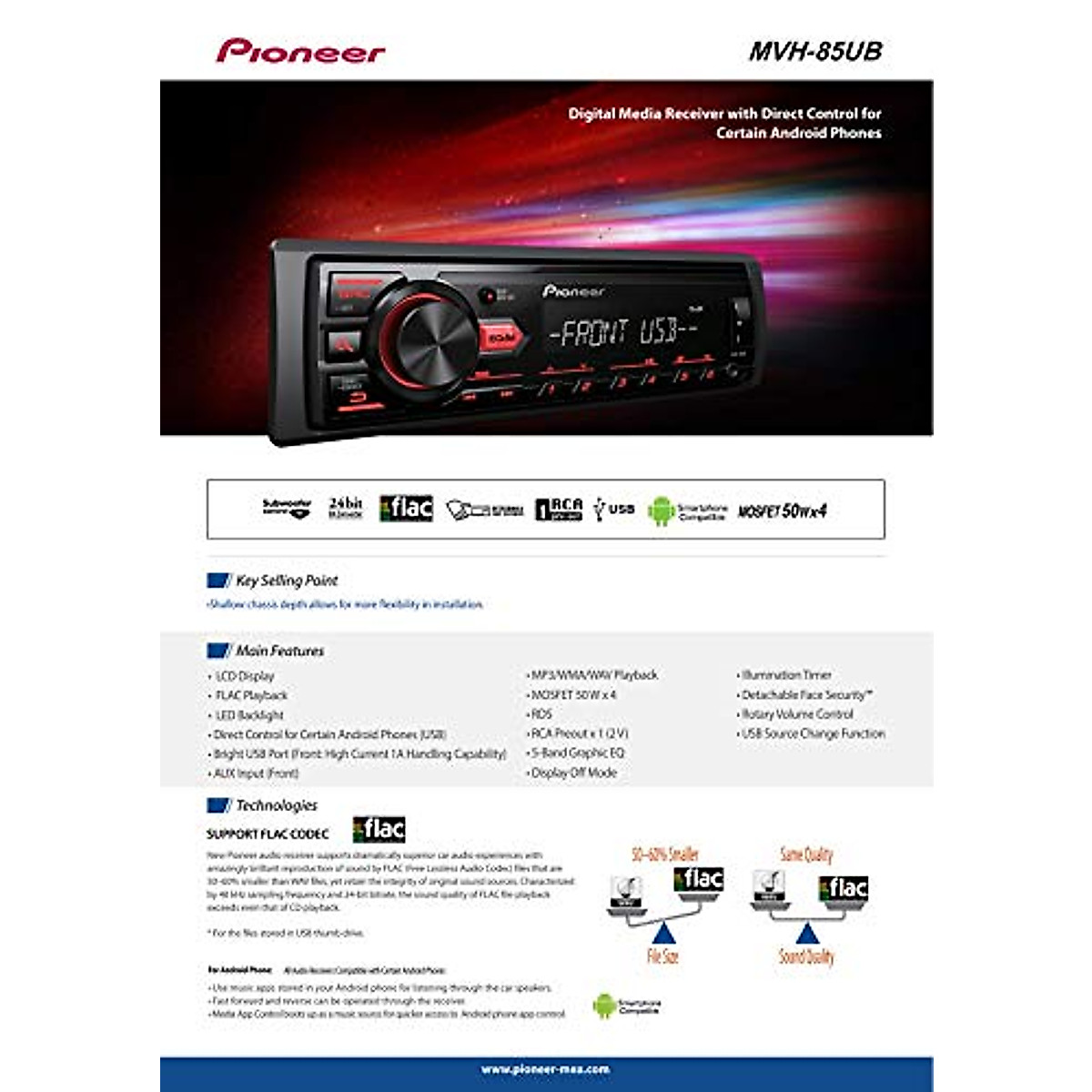 Pioneer MVH-85UB Digital Media Car Stereo Receiver , USB , Auxiliary , MP3 Playback , Mixtrax , Media App Control , Siri Eyes Free Compatible