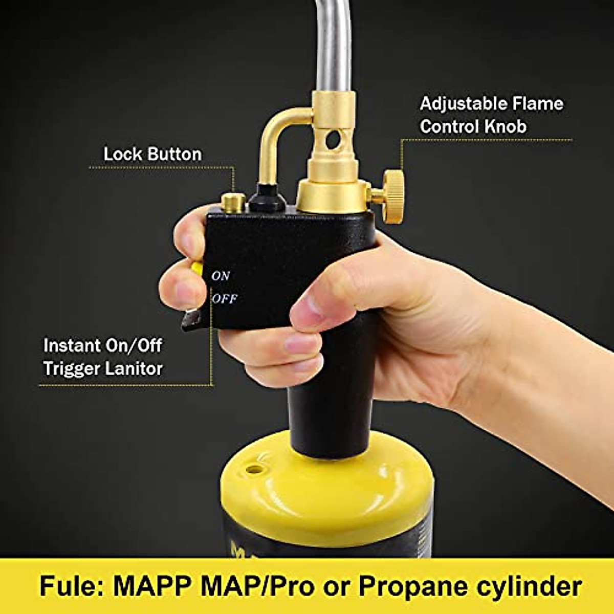High Intensity Propane Torch Head, Trigger Start Mapp/Map Gas Torch with Self Ignition & Brass Knob, Pencil Flame Welding Torch Fuel by MAPP, MAP/PRO and Propane gas（CSA Certified )