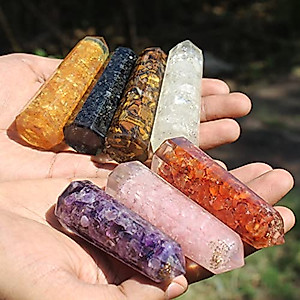 Orgone Healing Point Wands Set of 7 Includes 3.5” Amethyst Crystal, Rose Quartz, Black Tourmaline, Tigers Eye, Citrine, Carnelian, and Clear Quartz-big crystals for Spiritual Meditation and Protection