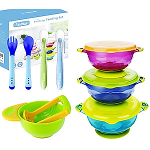 MICHEF Baby Bowls, Baby Feeding Bowls Set with 2 Hot Safe Baby Fork and Spoon, 2 Soft-Tip Silicone Baby Spoons, Mash and Serve Bowl - Baby Shower, Set of 3 Suction Baby Bowls for Toddler with Lids