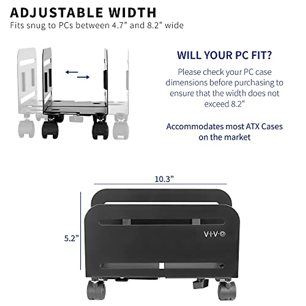 VIVO Computer Tower Desktop ATX-Case, CPU Steel Rolling Stand, 4.7 to 8.2 inch Wide Adjustable Mobile Cart Holder with Locking Caster Wheels, Gaming PC Holder, Black, CART-PC01