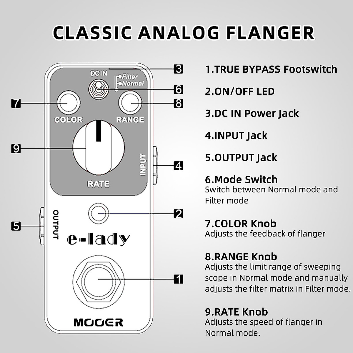 MOOER E-lady Analog Flanger Pedal, Filter Mode, Oscillator effects, Ture Bypass