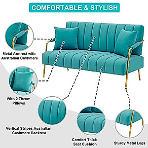 Yoluckea Cashmere Loveseat Chair Modern Loveseat Sofa with Gold-Finished Metal Legs Comfortable Sofa Couch Accent Sofa with 2 Small Pillows for Living Room Bedroom Load 500 Pounds (Blue)
