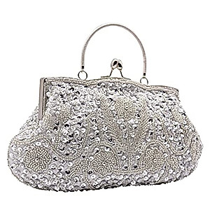 Mogor 1920s Women Vintage Beaded Sequin Evening Handbag Formal Crossbody Evening Clutch Prom Cocktail Party Handbags（Silver）