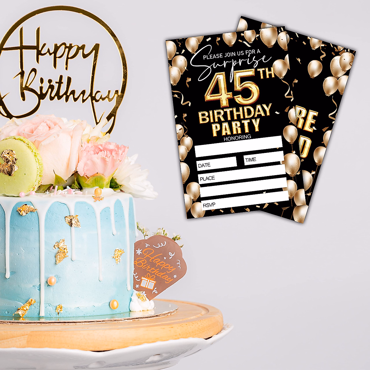 Keydaat 45th Birthday Invitation - Black And Gold Birthday Invite - Birthday Invite Ideas For Adult Woman and Man - 20 Fill-in Invitation Cards With 20 Envelopes -TH008