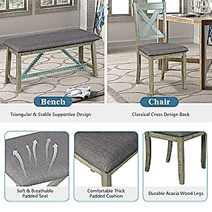 GLORHOME 6 Pieces 5 Family Dining Set for 6 Farmhouse Rustic Style Rectangular Wood Table and Padded 4 Chairs 1 Bench for Kitchen, Gray