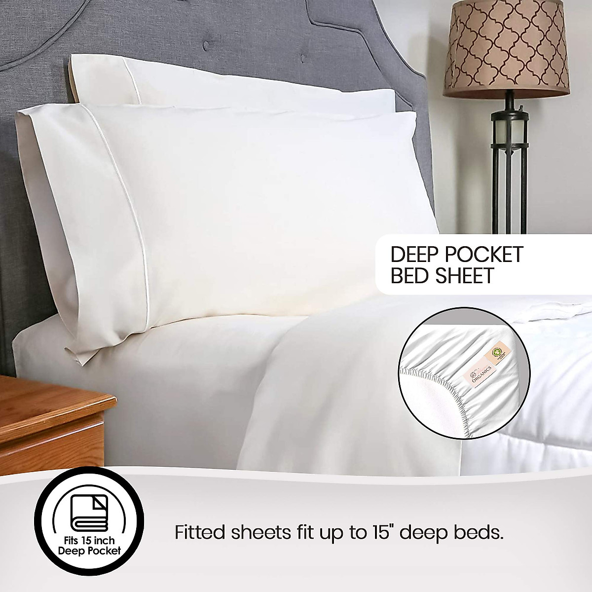 Whisper Organics, 100% Organic Cotton Sheets - 300 Thread Count Bed Sheets Set - Premium Quality Sheets - Deep Pocket Sheet Set - GOTS Certified, White (Full Size)