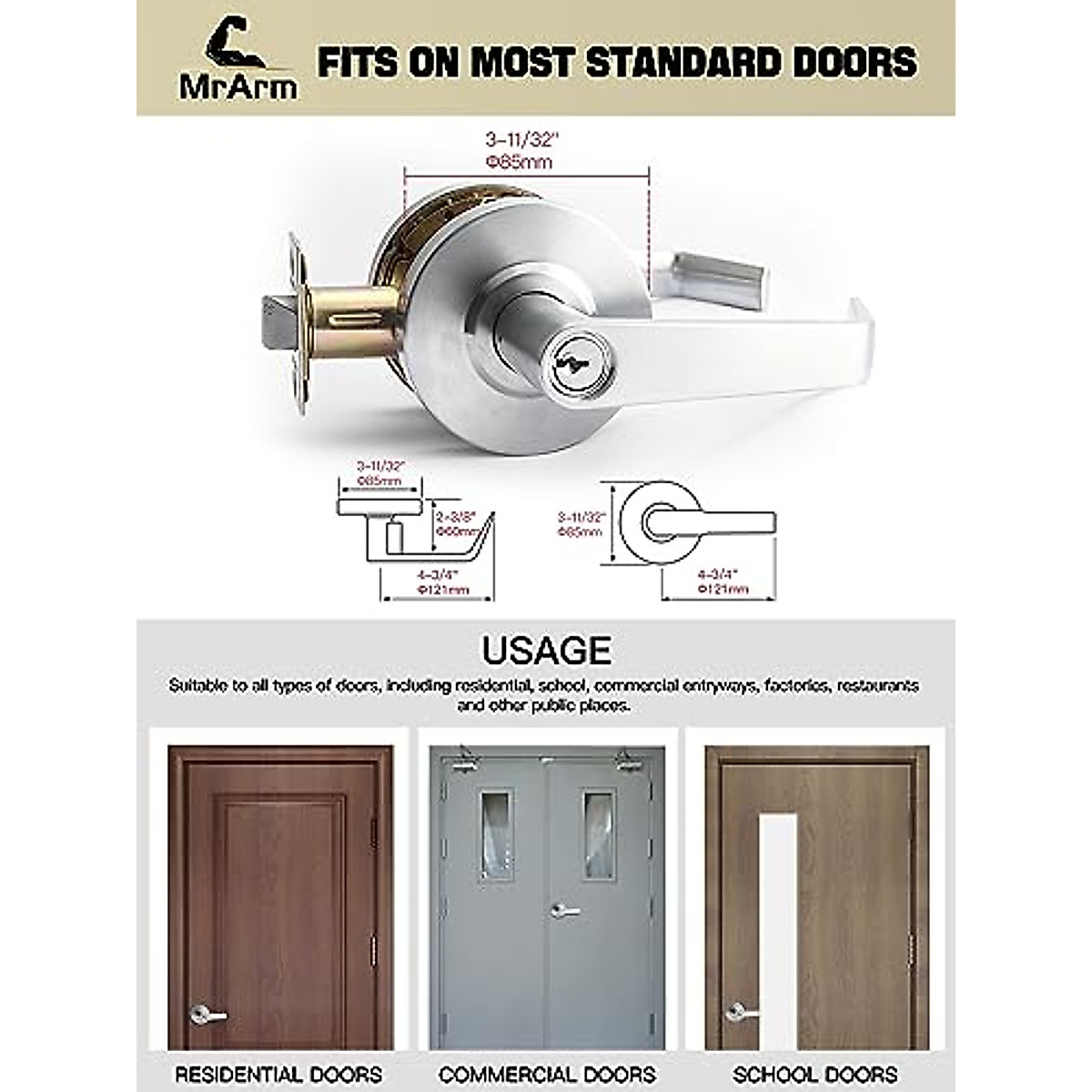 MrArm Commercial Door Lever Lock, Heavy-Duty Locking Door Handle, Designer Door Handles, Cylindrical Lever Lock, Non-Handed Grade 2 Industrial Standard Door Handle, Satin Chrome(Keyed Entry)