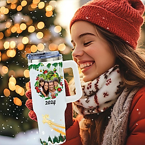 Custom Christmas Garland Tumbler - Personalized Name,Photo 40 Oz Tumbler with Handle Straw Lid,Insulated Xmas Tumbler Coffee Mug Stainless Steel Travel Mug Holiday Gifts for Kid Boy Girl Family