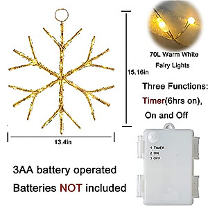 LITBLOOM Lighted Snowflake 2 Pack 70 Fairy Lights 14IN Battery Operated with Timer for Window Christmas Decoration Indoor Outdoor