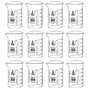 EISCO 12PK Heavy Duty Beakers, 100ml - 5mm Thick, Uniform Walls - Superior Durability & Chemical Resistance - White Graduations - Borosilicate 3.3 Glass
