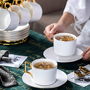 CHILDIKE Ceramic Demitasse Espresso Cups Set with Saucers and Metal Stand, 7 oz Porcelain Stackable Cappuccino Cups for Tea, Latte, Coffee, Cafe Mocha, Set of 6, Matte White