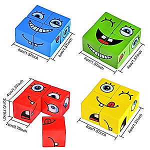 ERUGI Wooden Expressions Matching Block Puzzle Educational Games Montessori STEM Toy for Kids Preschool Ages 3 Years and Up,Face-Changing Cube Building Blocks (16 Blocks, 64 Cards)