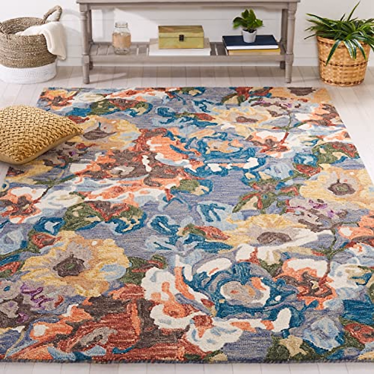 SAFAVIEH Blossom Collection Accent Rug - 3' x 5', Light Blue & Rust, Handmade French Country Floral Wool, Ideal for High Traffic Areas in Entryway, Living Room, Bedroom (BLM464L)
