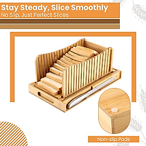 Deen Dynamics Premium Bamboo Bread Slicer for Homemade Bread, Bread Slicer with 3 Slice Thickness, Foldable bread slicer with Stainless steel knife and Compact Chopping Cutting Guide with Crumb Tray