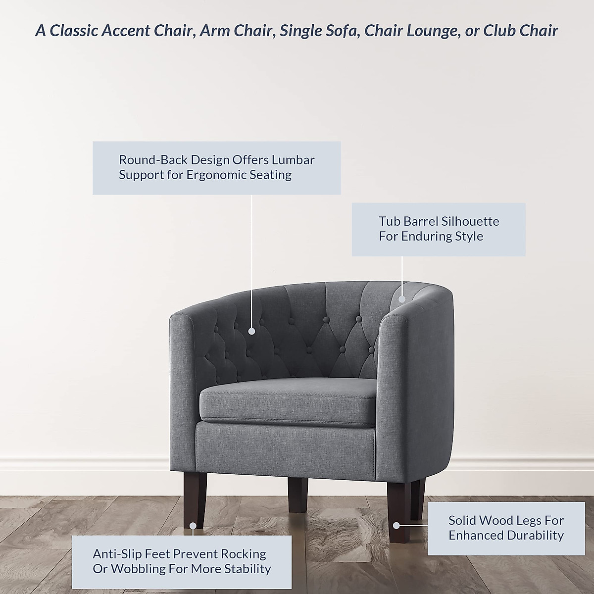 BELLEZE Gray Accent Chairs for Living Room, Elegant Arm Chair Upholstered Tufted Barrel Chair Club Chair for Bedroom with Sturdy Legs and Linen Fabric - Berlinda (Gray)