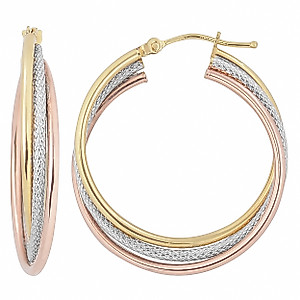 Kooljewelry 10k Tri-color Gold High Polish Textured Overlapping Triple Hoop Earrings
