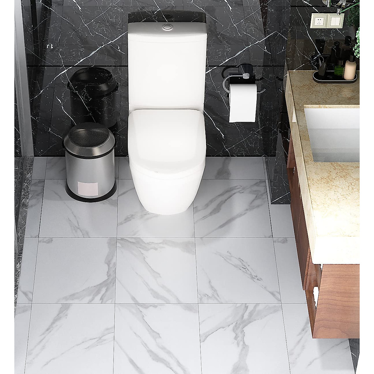 Livelynine 32-Pack Grey and White Flooring Peel and Stick Floor Tile Waterproof Marble Vinyl Floor Tiles Bathroom Kitchen Living Room Bedroom Laminate Flooring Stick on Floor Covering Linoleum 12X12