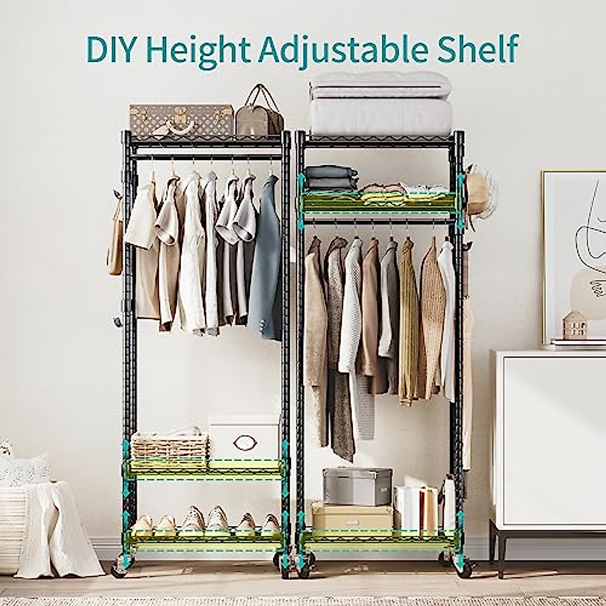 NATRKE Rolling Garment Rack 3 Tiers Heavy Duty, Adjustable Freestanding Clothing Rack With Wheels, Garment Rack with Storage Shelves 2 Pairs Side Hooks, Max Load 420 lbs, Black S1