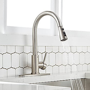 VAPSINT High Arc Single Handle Brushed Nickel Kitchen Faucet with Pull Down Sprayer,Commercial Modern Stainless Steel Kitchen Sink Faucet,Deck Mount Single Hole Pull Out Faucet for Kitchen Sink