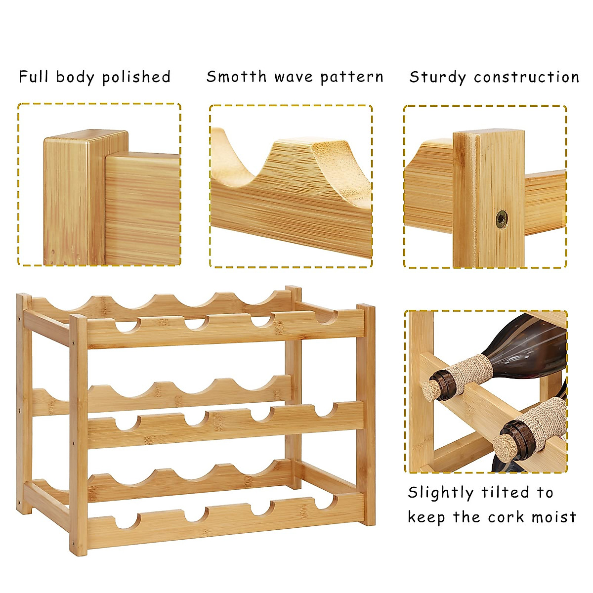 BAMEOS Bamboo Wine Rack, 3 Tier Natural Wine Rack Freestanding Floor Display Storage Shelf countertop Wine Holder for Kitchen, Bar, Pantry, Wine Cellar, Basement,Study，Maroon (16.85 L x 9.25W x 12H)