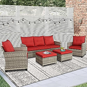 HTTH Patio Furniture Sets PE Rattan Wicker Outdoor Conversation Set Patio Sectional Sets Patio Sofa Couch Set with 2 Ottomans for Porch, Balcony, Lawn (Gray-Red)