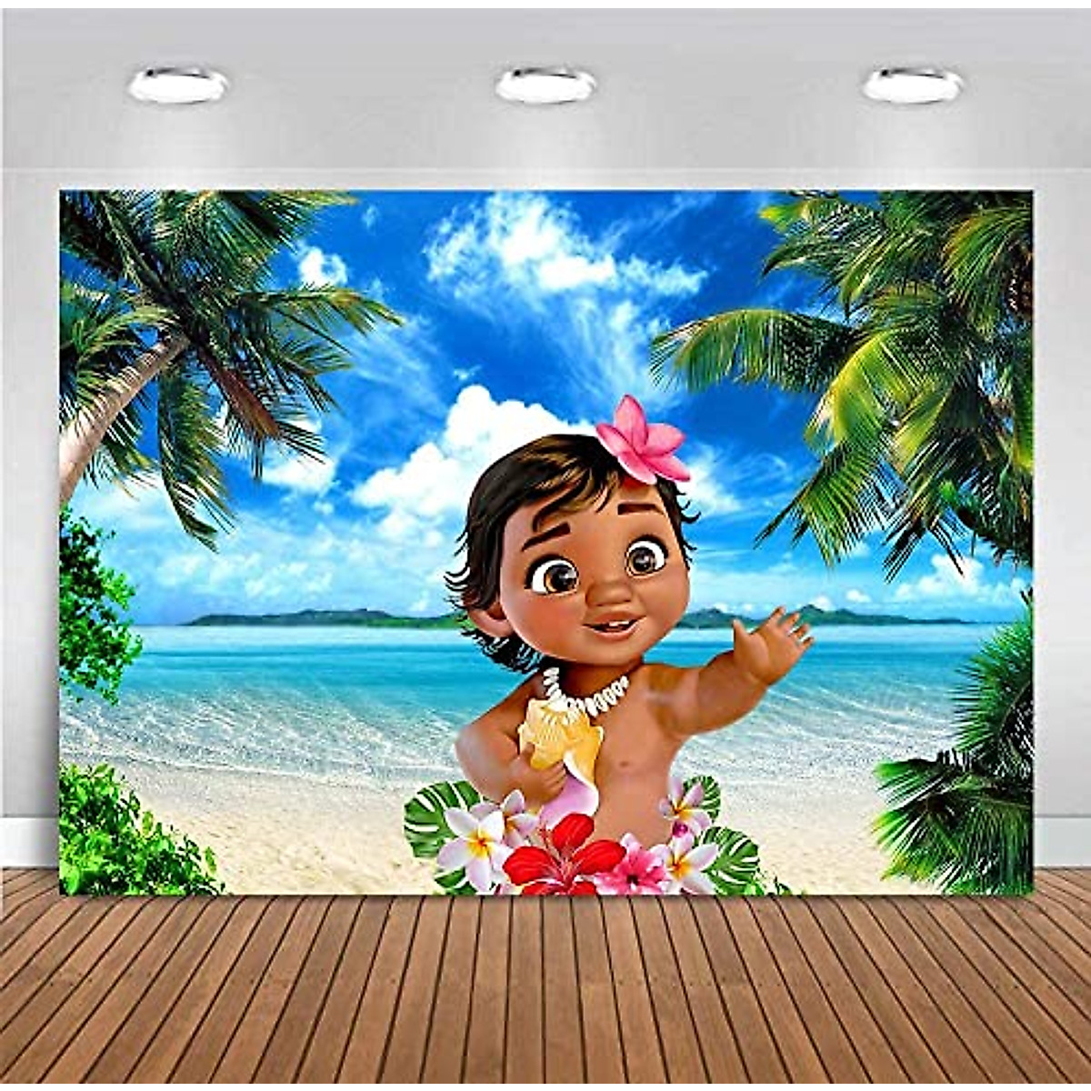 MMY 5x3ft Baby Moana Backdrop 1st Birthday Party Banner Supplies Summer Tropical Coconut Palm Tree Ocean Background Princess Baby Shower Moana Wallpaper Photobooth Props