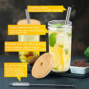 4 Pack Glass Cups with Lid and Straw, 24oz Boba Tea Cups, Wide Mouth Smoothie Cups, Reusable Drinking Glasses with Bamboo Lids for Beer, Boba Tea, Juice, Smoothie