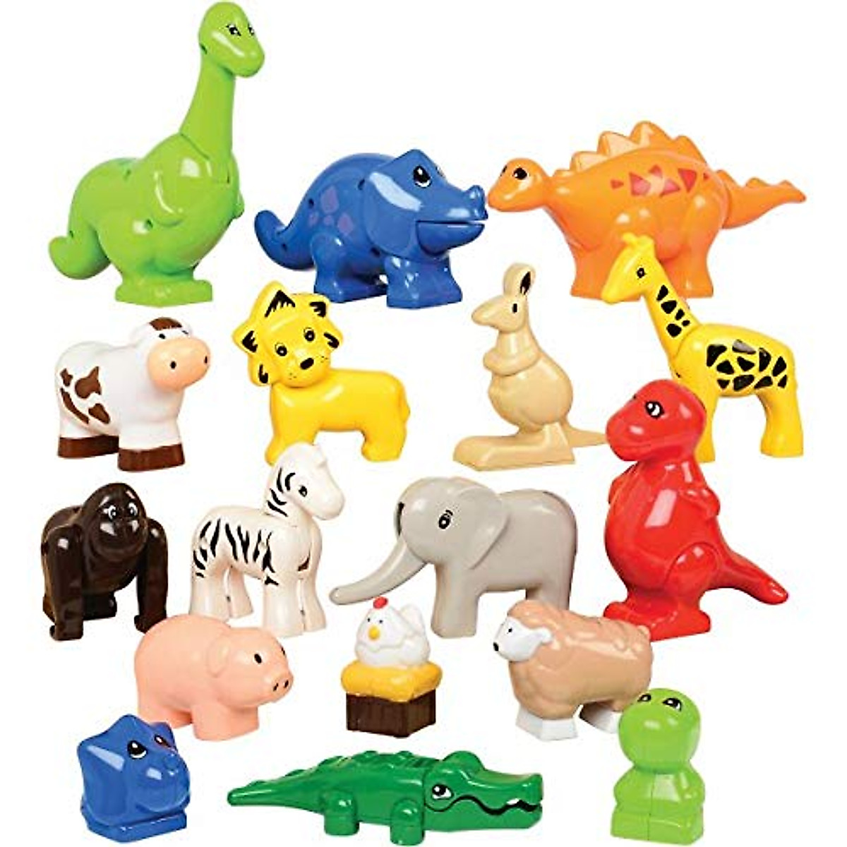 Constructive Playthings OX-37 Preschool Sized Interlocking Bricks Accessory Set Featuring People, Dinosaurs and Animals