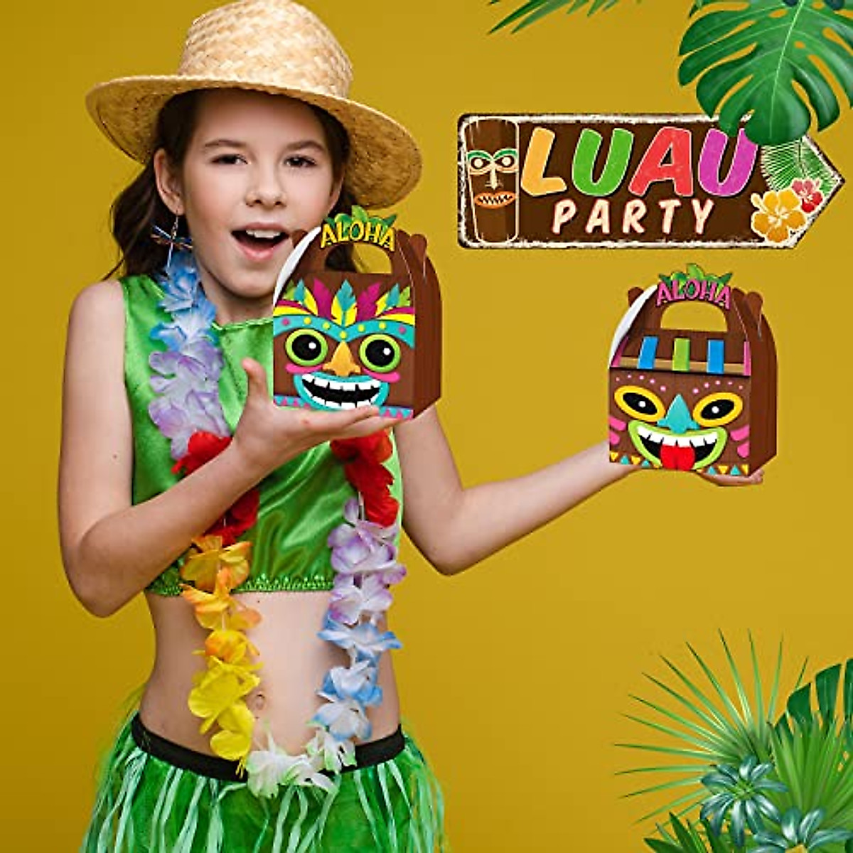 Glenmal 24 Pcs Hawaiian Aloha Party Boxes Tiki Luau Treat Boxes Goodie Candy Boxes Tropical Themed Boxes with Handles Summer Tiki Luau Treat Boxes for Aloha Hawaiian Luau Party Supplies (Luau)