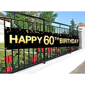 Greatingreat Large Cheers to 60 Years Banner, Black Gold 60 Anniversary Party Sign, 60th Happy Birthday Banner(9.8feet X 1.6feet)