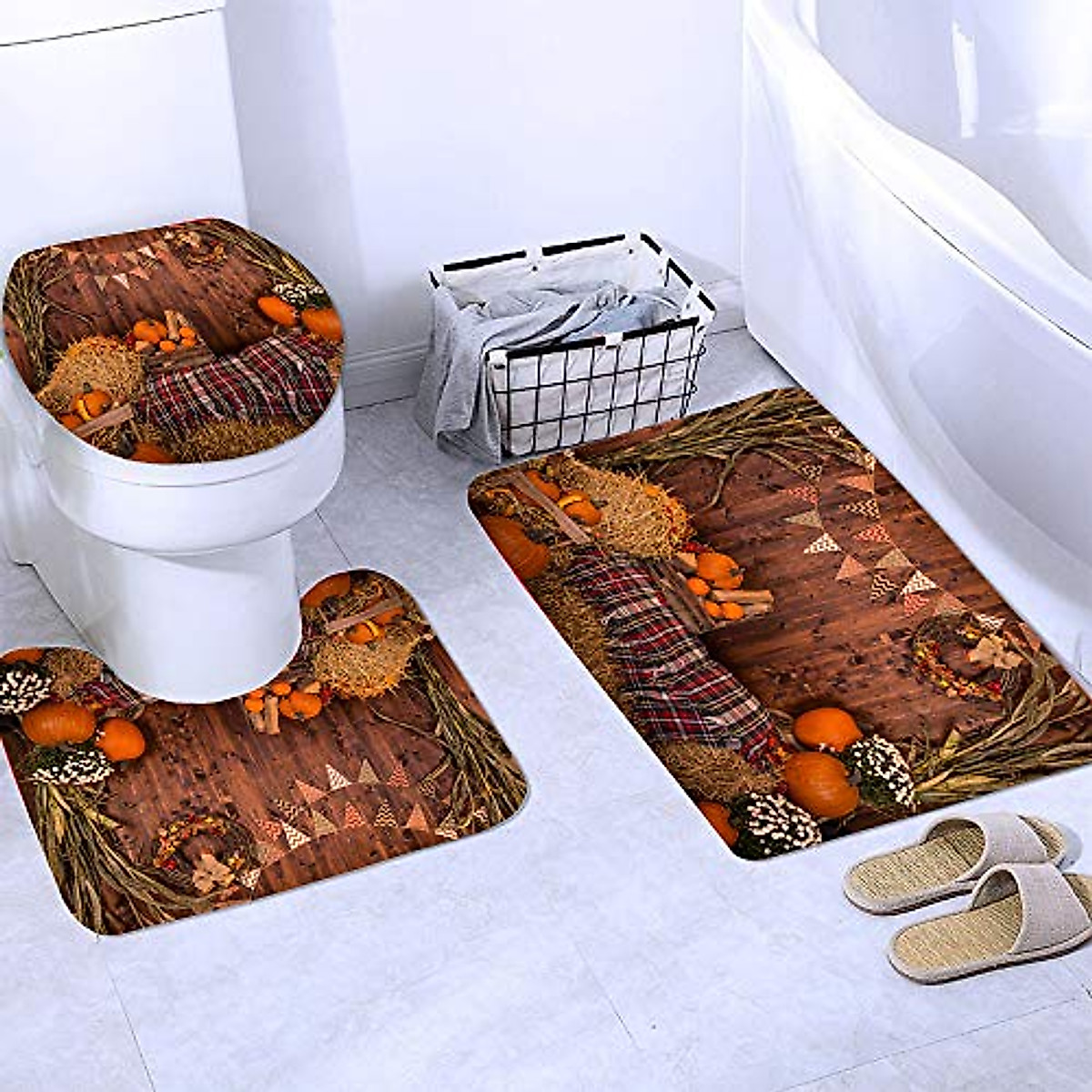 4Pcs Rustic Banner Pumpkins Farmhouse Shower Curtain Set with Non-Slip Rugs, Toilet Lid Cover Bath Mat, Pumpkins Maple Leaves Shower Curtain with 12 Hooks for Bathroom (Rustic Banner Pumpkins)