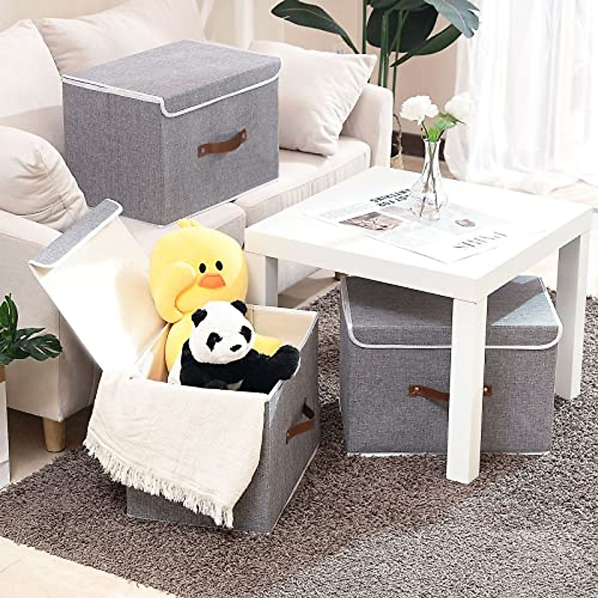 Yawinhe Collapsible Storage Boxes 1 Pack, Linen Fabric Storage Baskets Washable, with Lids and Leather Handle, for Home Bedroom Closet Office, (Grey, 15.0x9.8x9.8in), USNK024GL-1