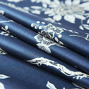 Eastern Floral Chinoiserie Blossom Print Duvet Quilt Cover Navy Blue Tan White Asian Style Botanical Tree Branches Ornamental Drawing 400TC Egyptian Cotton Bedding Set (Navy, Super King)