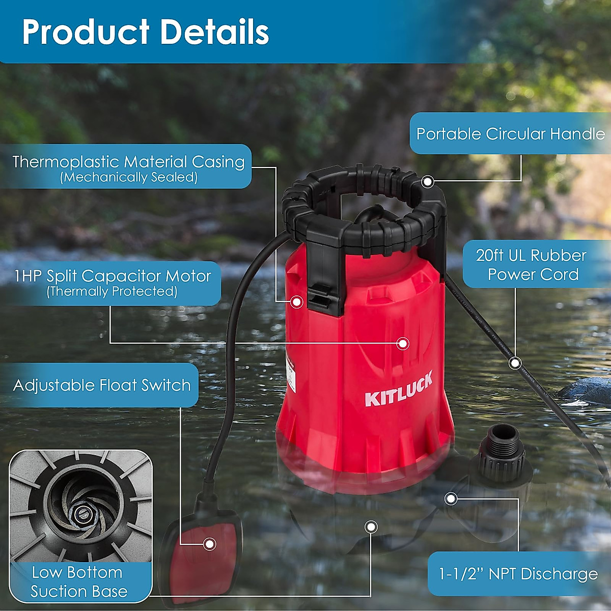 KITLUCK Sump Pump, 1HP 3500GPH Submersible Water Pump with Float Switch, 20ft Rubber Cord, Portable Handle, Sump Pump for Pool Draining, Remove Clean/Dirty Water for Flood Basement, Garden, Pond, Tub